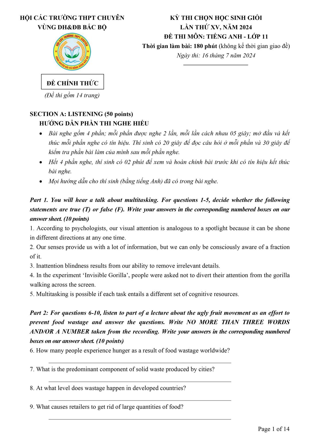 Đề thi môn tiếng Anh kỳ thi HSG khu vực Duyên hải và Đồng bằng Bắc Bộ (DHBB) năm 2024 - Lớp 11 ...