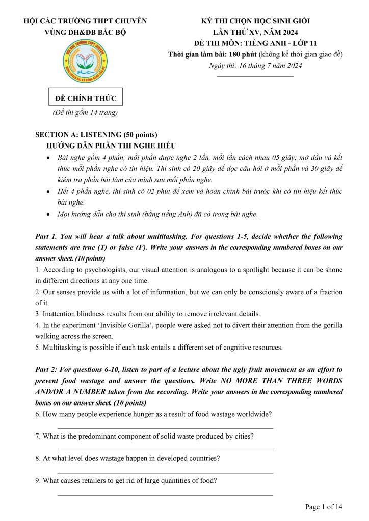 Đề thi môn tiếng Anh kỳ thi HSG khu vực Duyên hải và Đồng bằng Bắc Bộ (DHBB) năm 2024 - Lớp 11 ...