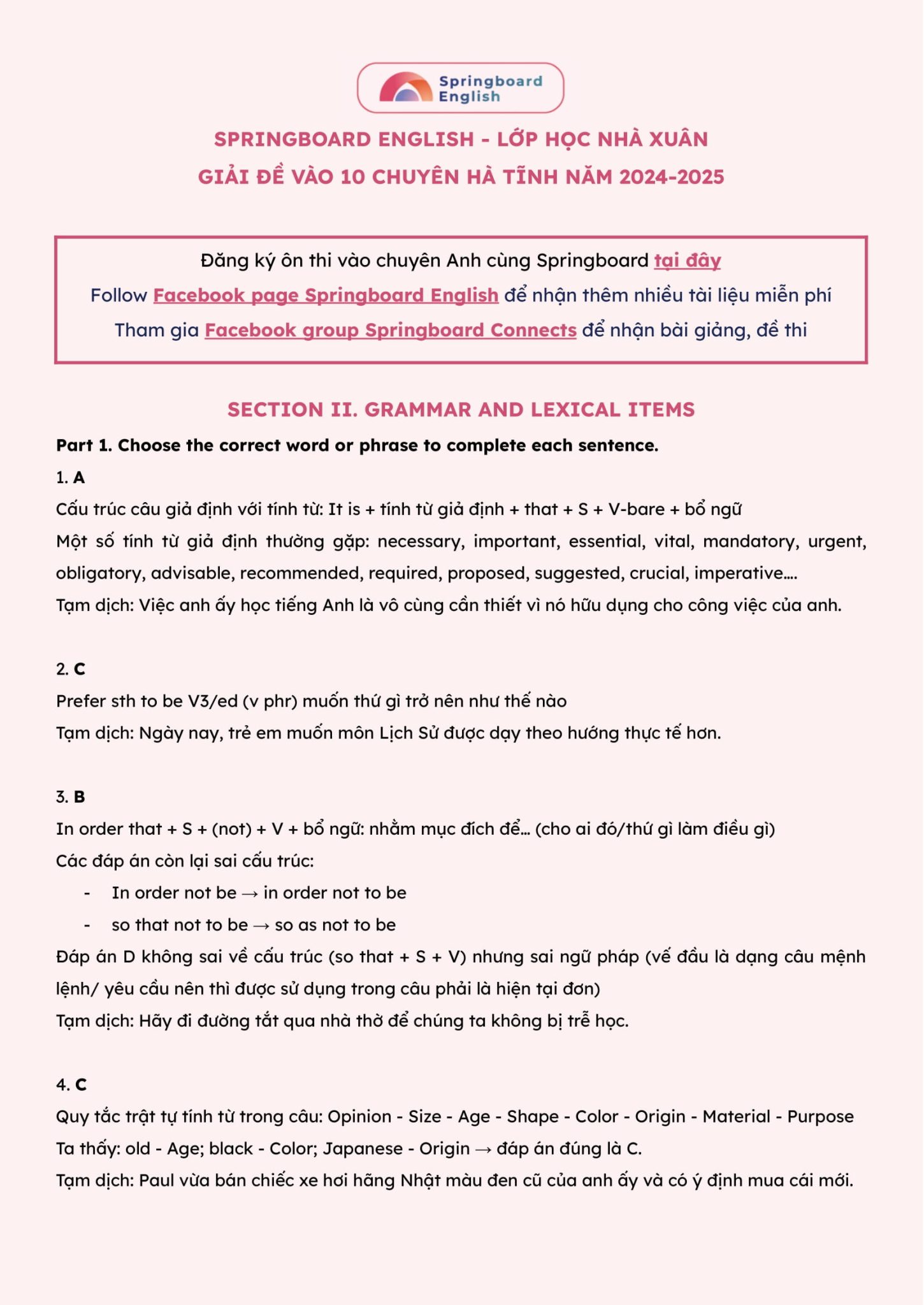 Đáp án đề thi chuyên Anh vào lớp 10 – THPT chuyên Hà Tĩnh năm 2024-2025 ...